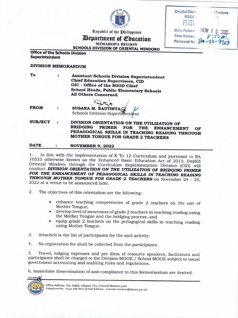 Division Orientation On The Utilization of Bridging Primer For The ...
