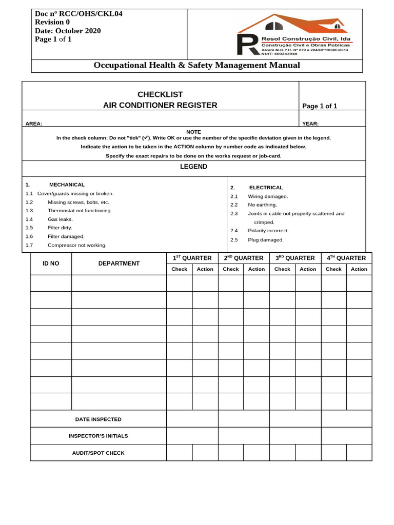Air Conditioner Maintenance Checklist | PDF