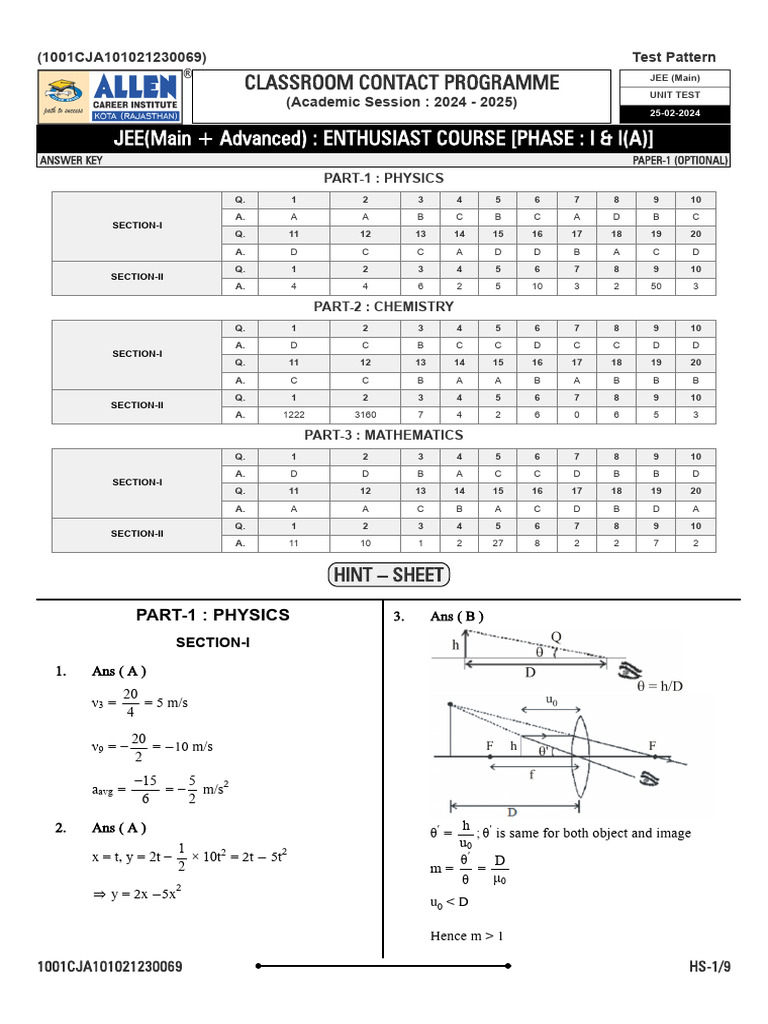 Classroom Contact Programme JEE (Main + Advanced) : ENTHUSIAST COURSE (PHASE: I & I (A) ) | PDF ...