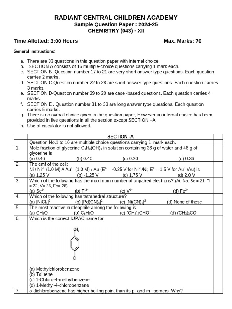 Sample Question Paper CHEMISTRY-XII (24-25) | PDF | Chemical Reactions ...