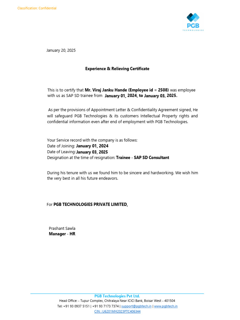 Experience Certificate for Mr. Viraj Hande | PDF