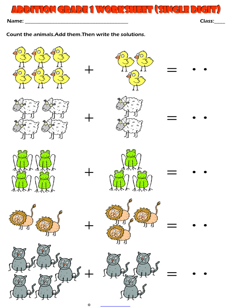 Picture Addition Grade 1 Single Digit Animals Theme Exercises Worksheet ...