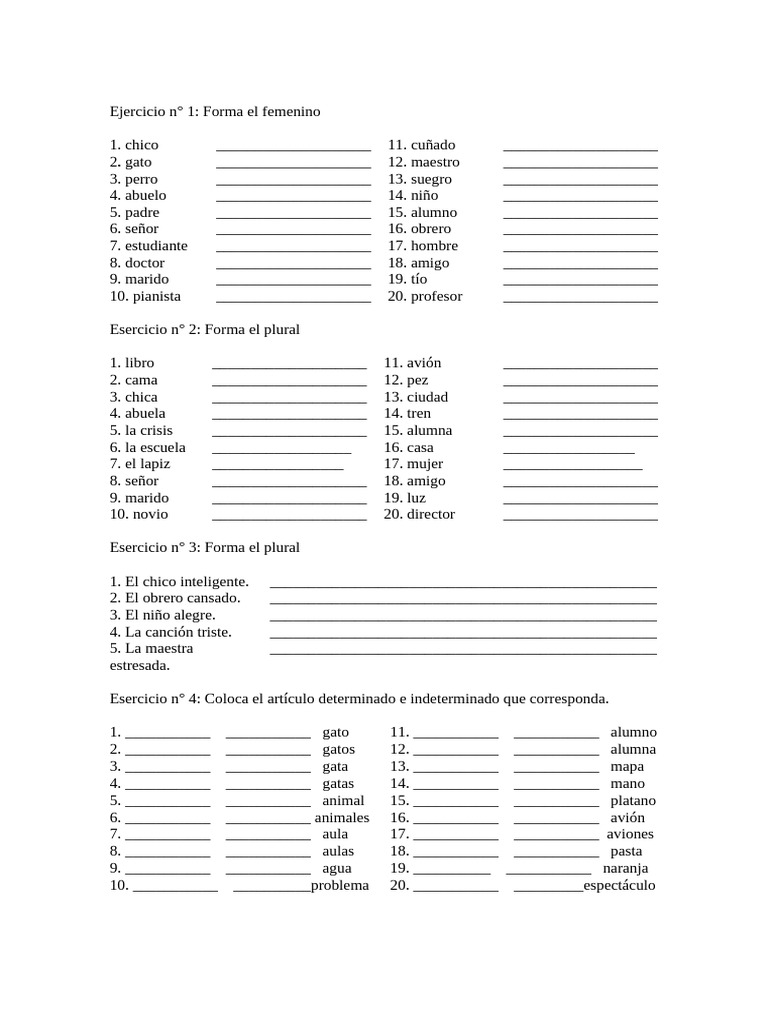 Ejercicio plurales articulo determinado e indeterminado | PDF