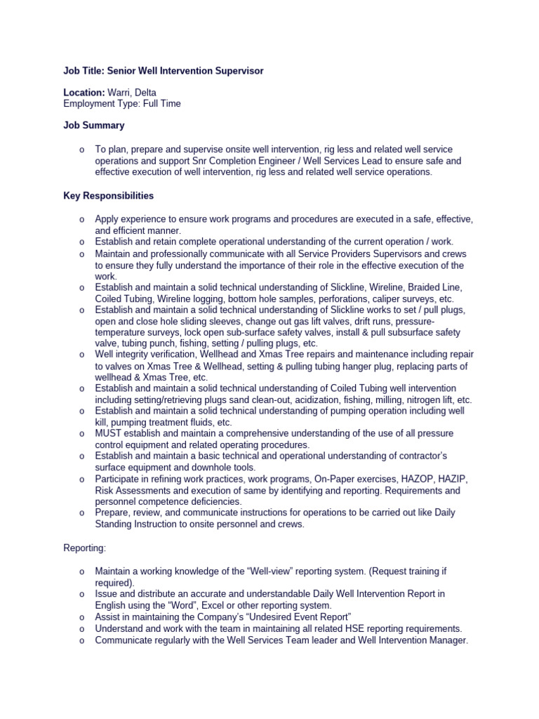 Job TitleSenior Well Intervention Supervisor | PDF | Safety