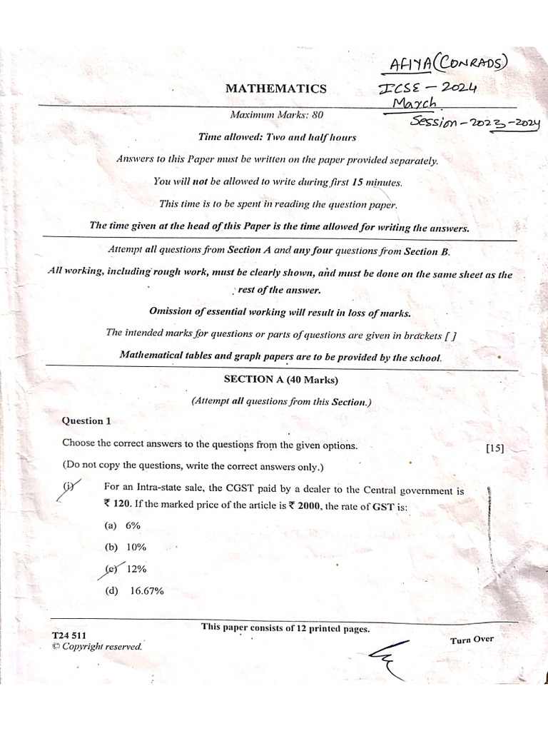 ICSE 2024 MATHS Actual Paper | PDF