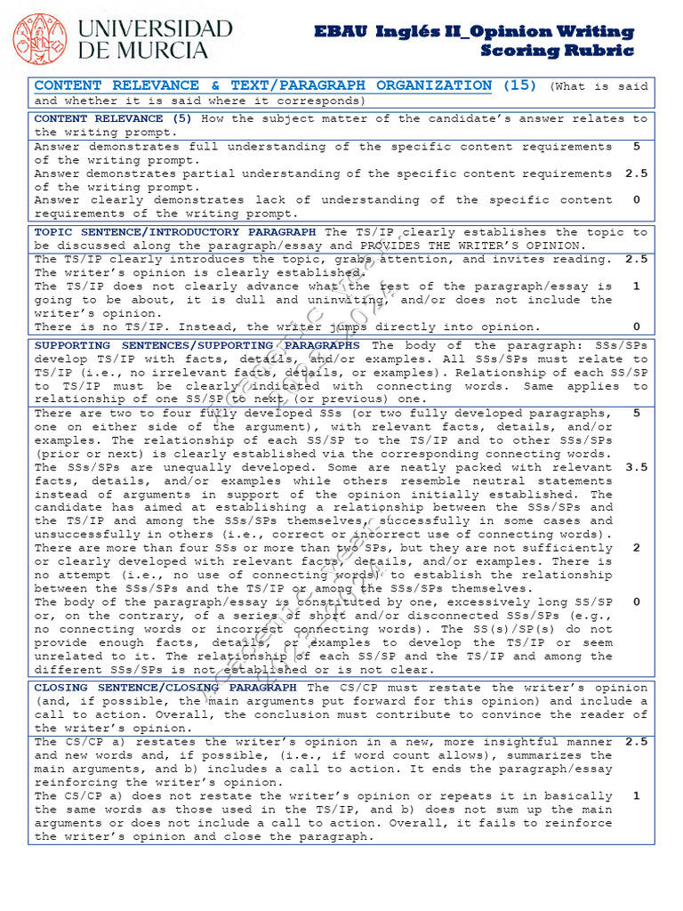 EBAU2024 203 INGLÉS Task 5 - Opinion Writing - Scoring Rubric | PDF | Punctuation | Linguistic ...