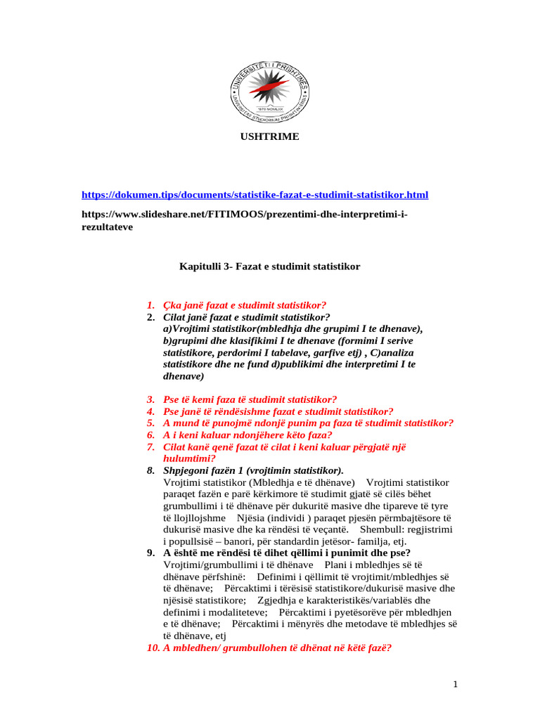 Kapitulli 3 Fazat e Studimit Statistikor | PDF