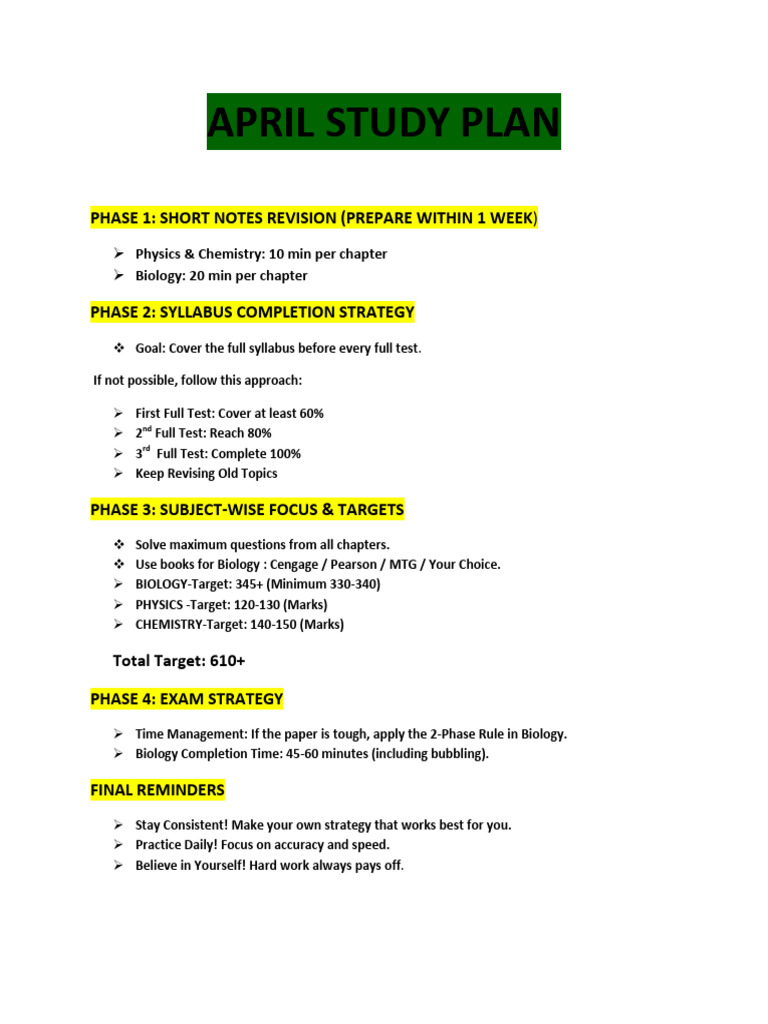 April Study Plan for Science Exams | PDF