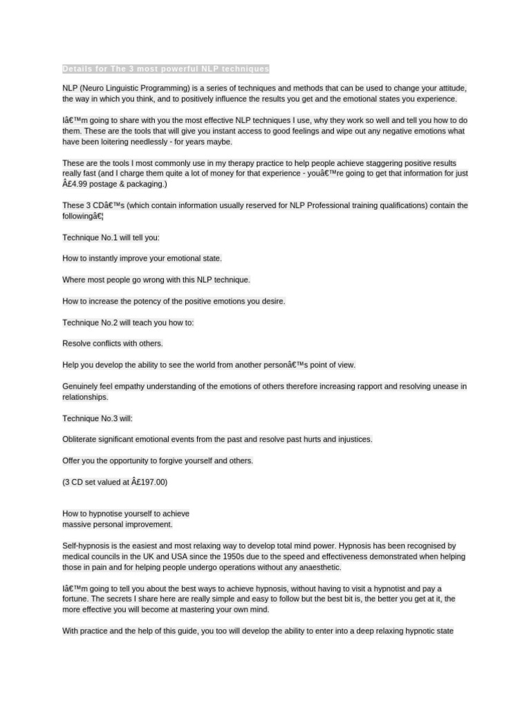 Details For The 3 Most Powerful NLP Techniques | PDF | Hypnosis | Neuro ...