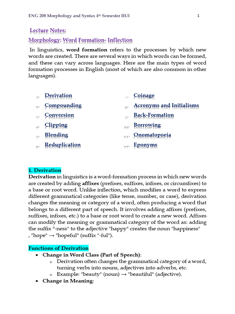 Lecture Notes - 1 - Word Formation - Inflection | PDF | Word | Part Of ...