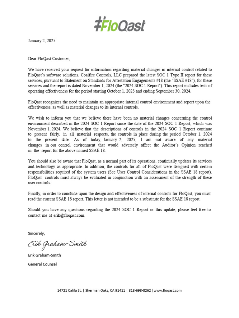 2024 - 2025 FloQast Inc SOC 1 Bridge Letter - 1.2.25 | PDF