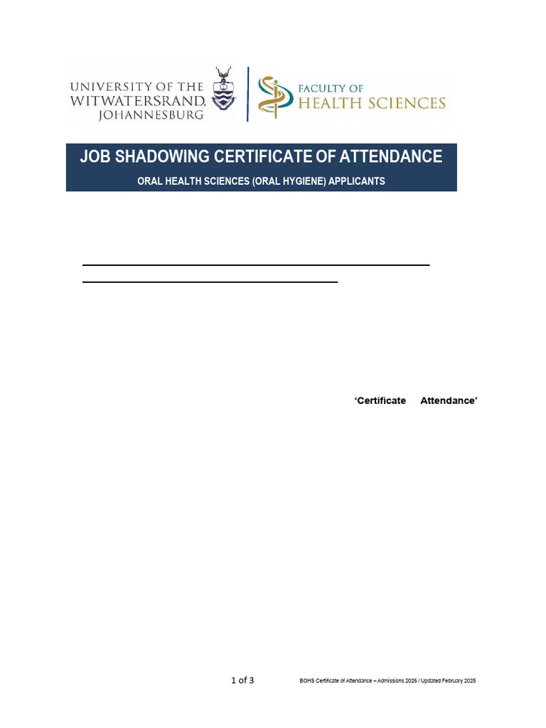 BDS Job Shadowing Attendance Certificate | PDF | Dentistry | Oral Hygiene