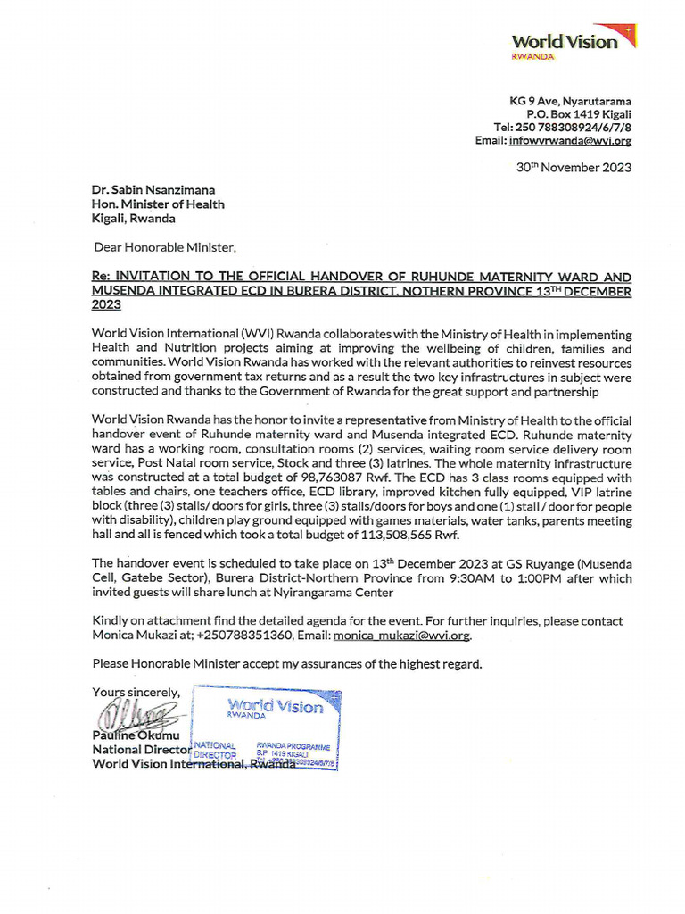 INVITATION TO THE OFFICIAL HANDOVER OF RUHUNDE MATERNITY WARD AND ...