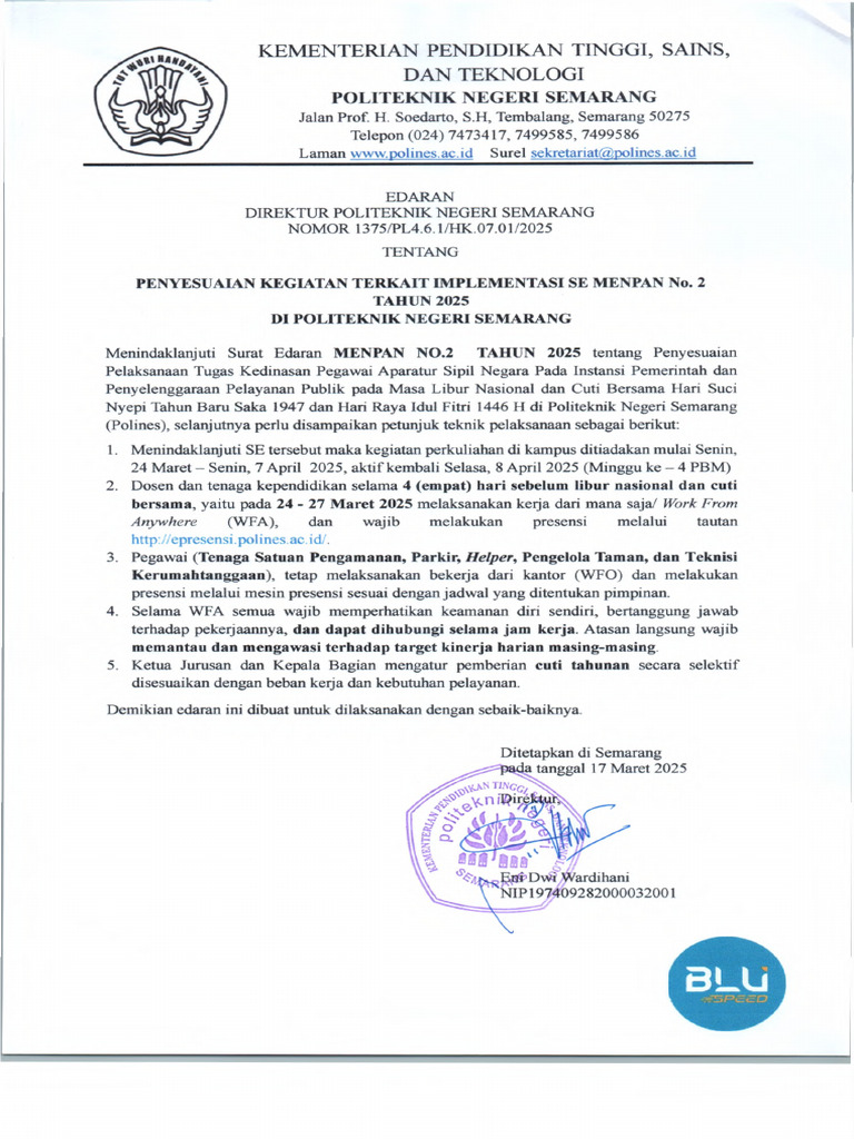 Edaran Penyesuaian Kegiatan Polines 2025 | PDF