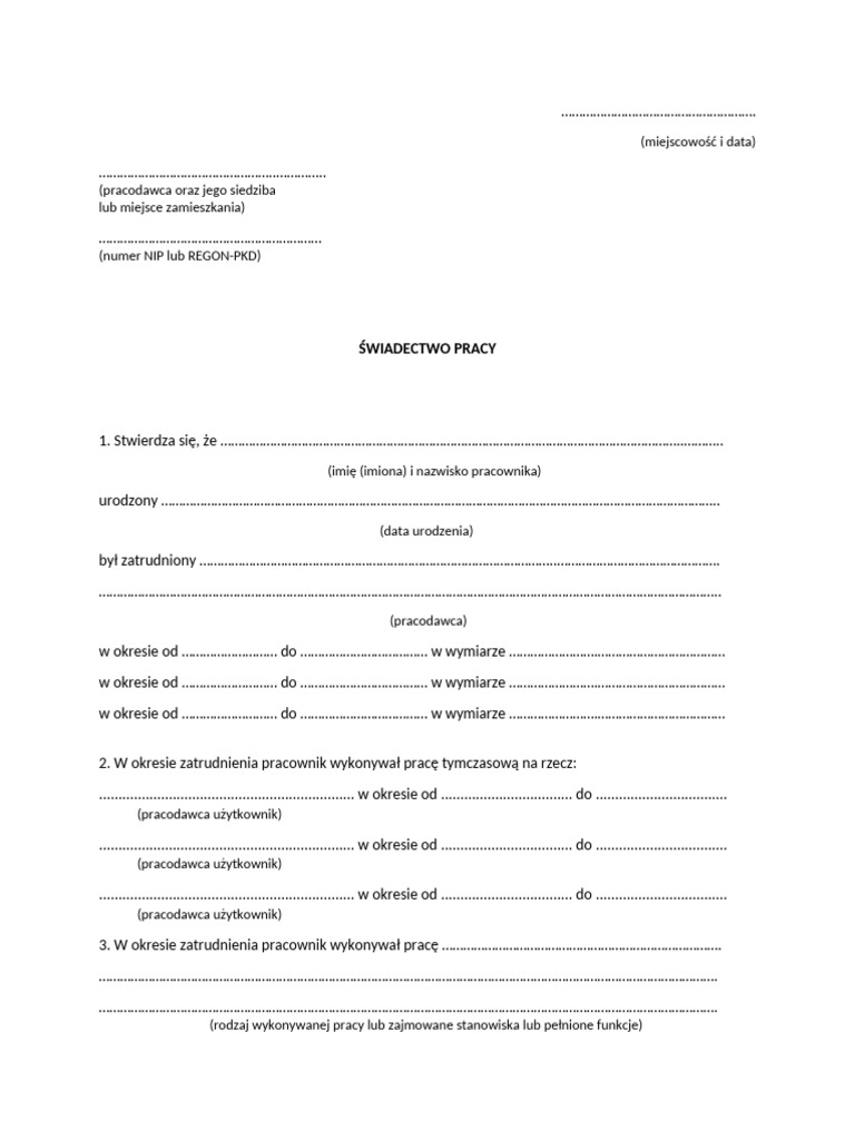 Swiadectwo Pracy Wzor Obowiazujacy Od 23 Maja 2023 R. | PDF