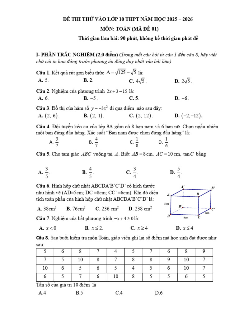 De Va Dap An Thi Thu Mon Toan Ma de 01 | PDF