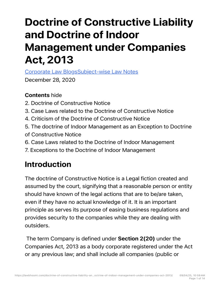 Doctrine of Constructive Liability and Doctrine of Indoor Management Under Compa | PDF ...