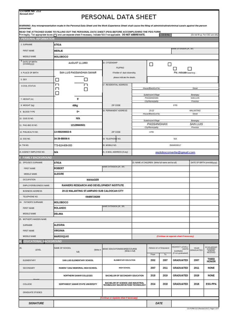 CS Form No. 212 Personal Data Sheet Revised - 1 | PDF | Government