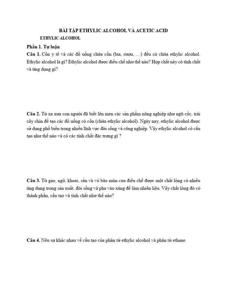 Bài Tập Ethylic Alcohol Và Acetic Acid | PDF