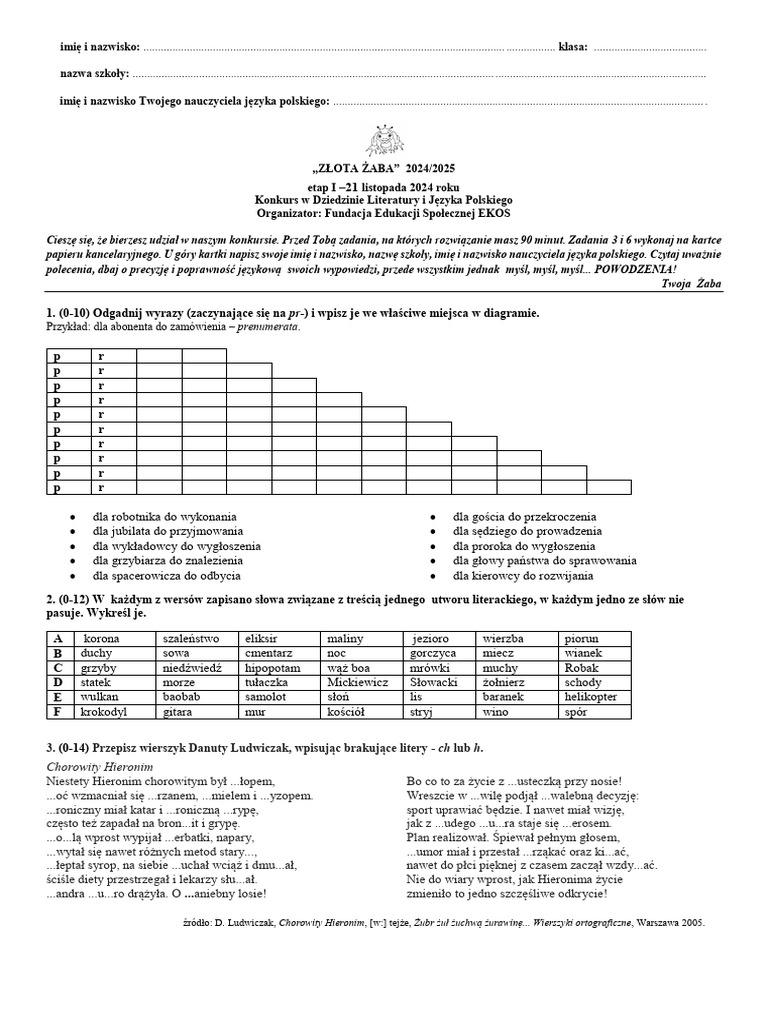 Arkusz Zlota Zaba J.polski I Etap 2024 - 25 | PDF