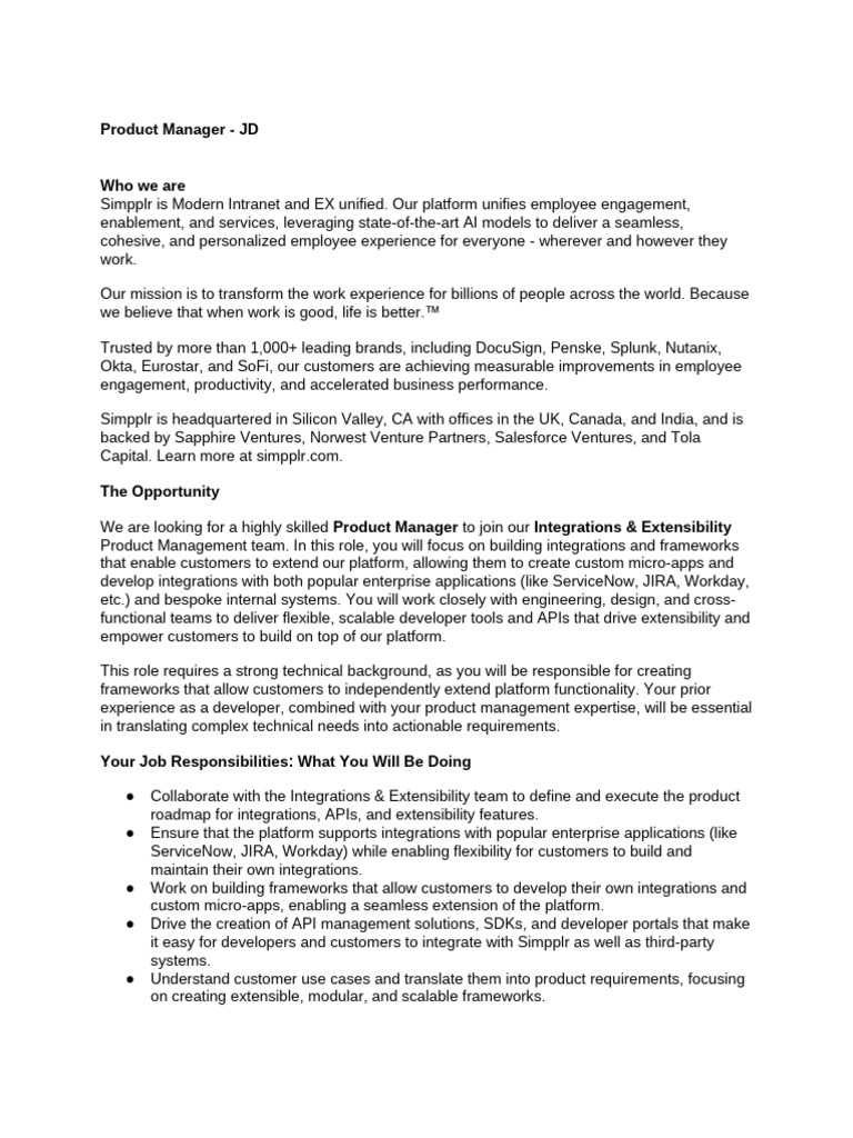Integration - Product Manager Integrations & Extensibility - JD | PDF | Software Development ...