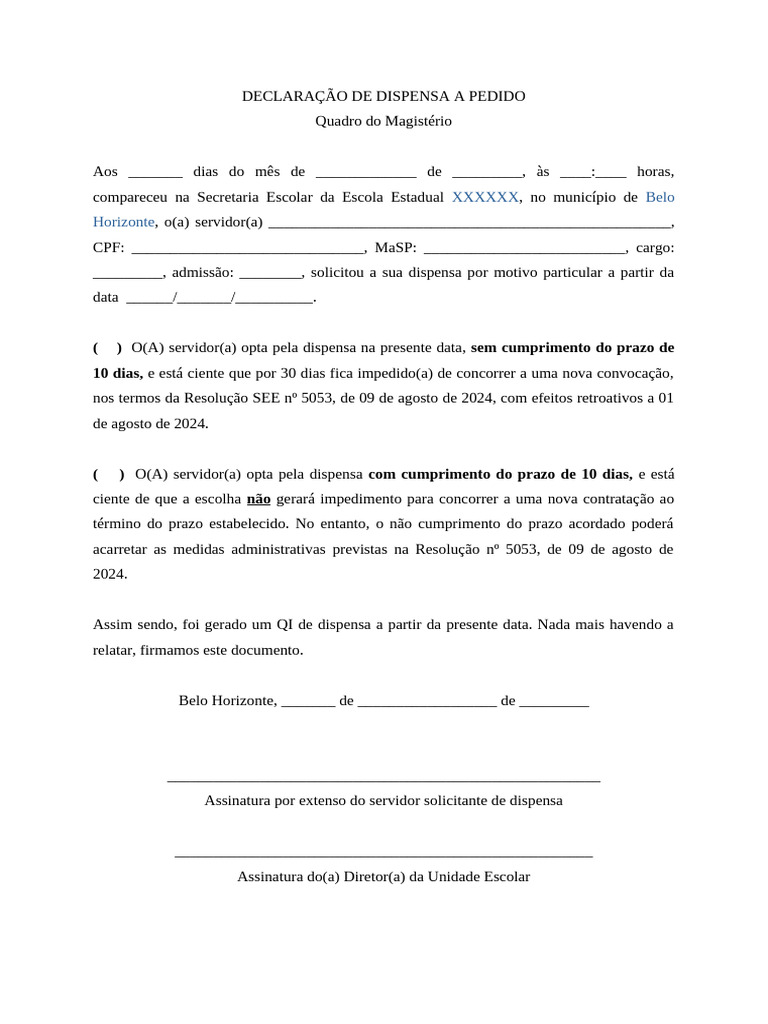 Modelos - Declaração Solicitação de Dispensa A Pedido - Magisterio e ...