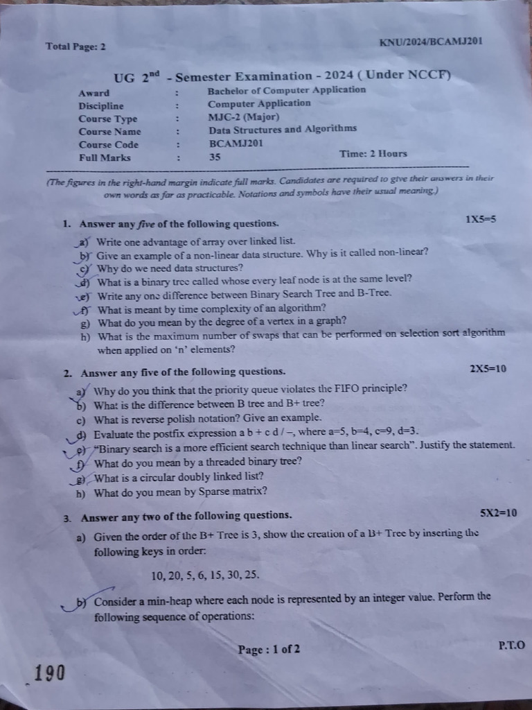 Data Structure and Algorithms questing paper BCA 2024 Kazi Nazrul University, Asansol | PDF ...