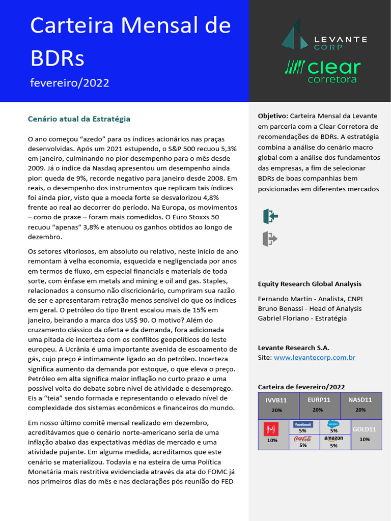 2022 02 Carteira Mensal BDR Clear | PDF | Câmbio de fundo comercial | Gestão de relacionamento ...