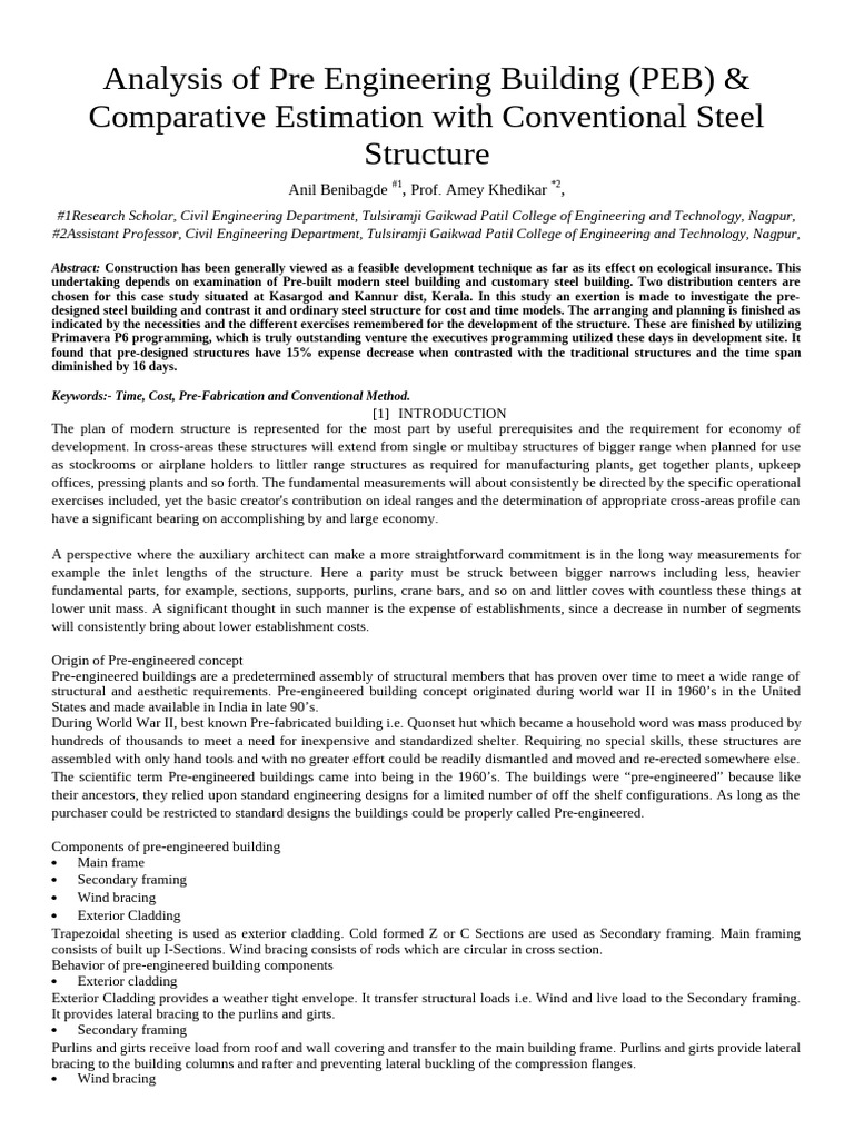 Analysis of Pre Engineering Building (PEB) & Comparative Estimation ...