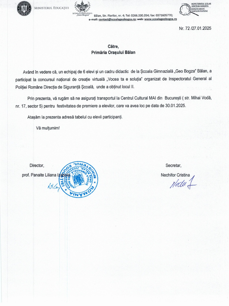 Solicitare Transport Elevi Școala Gimnazială Geo Bogza" Bălan | PDF