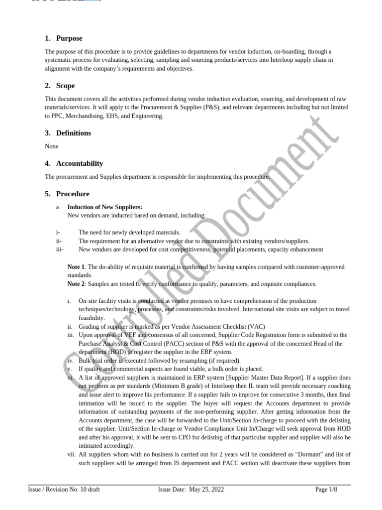 SOP OF VENDOR EVALUATION - MANAGEMENT Draft | PDF | Supply Chain ...