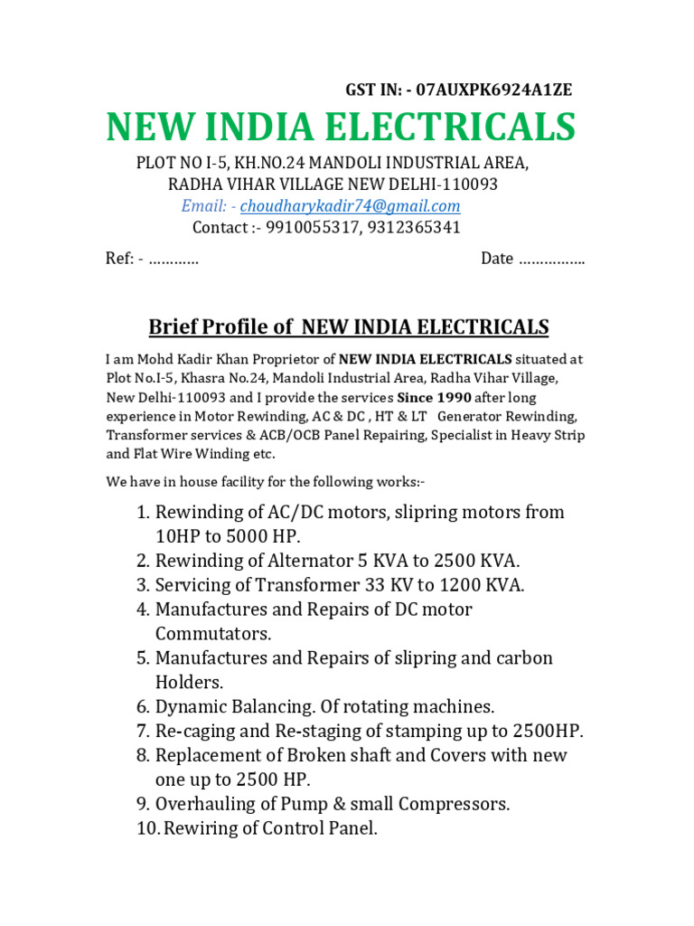 Profile of NEW INDIA ELECTRICALS | PDF | Electric Motor | Transformer