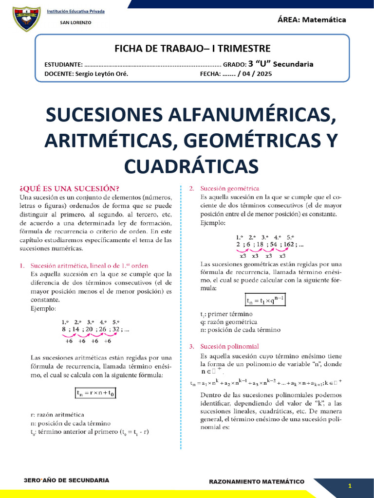 Sucesiones Matemáticas 3er Año Secundaria | PDF