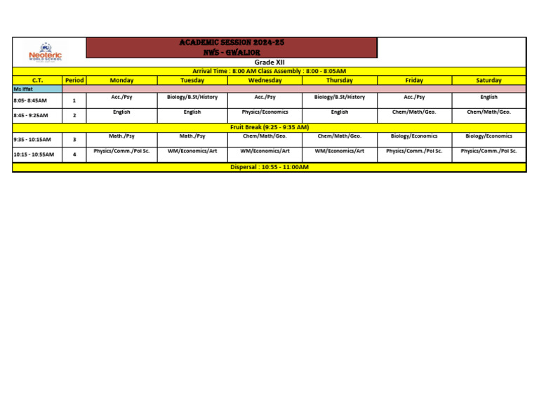 Grade XII Class Schedule 2024-25 | PDF
