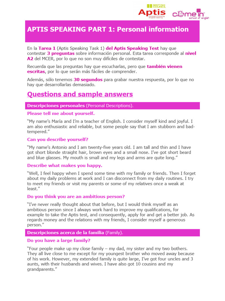 SPEAKING PART 1 Sample questions personal information copia | PDF