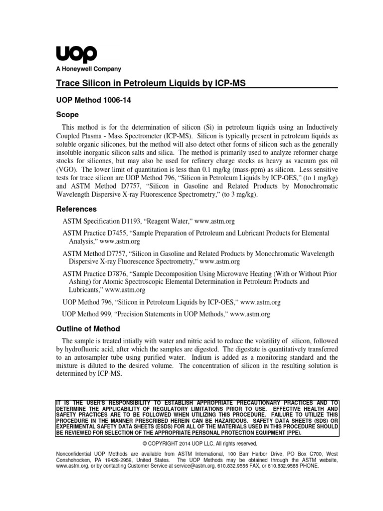 UOP 1006-14 Trace Silicon in Petroleum Liquids by ICP-MS | PDF | Nitric Acid | Spectroscopy