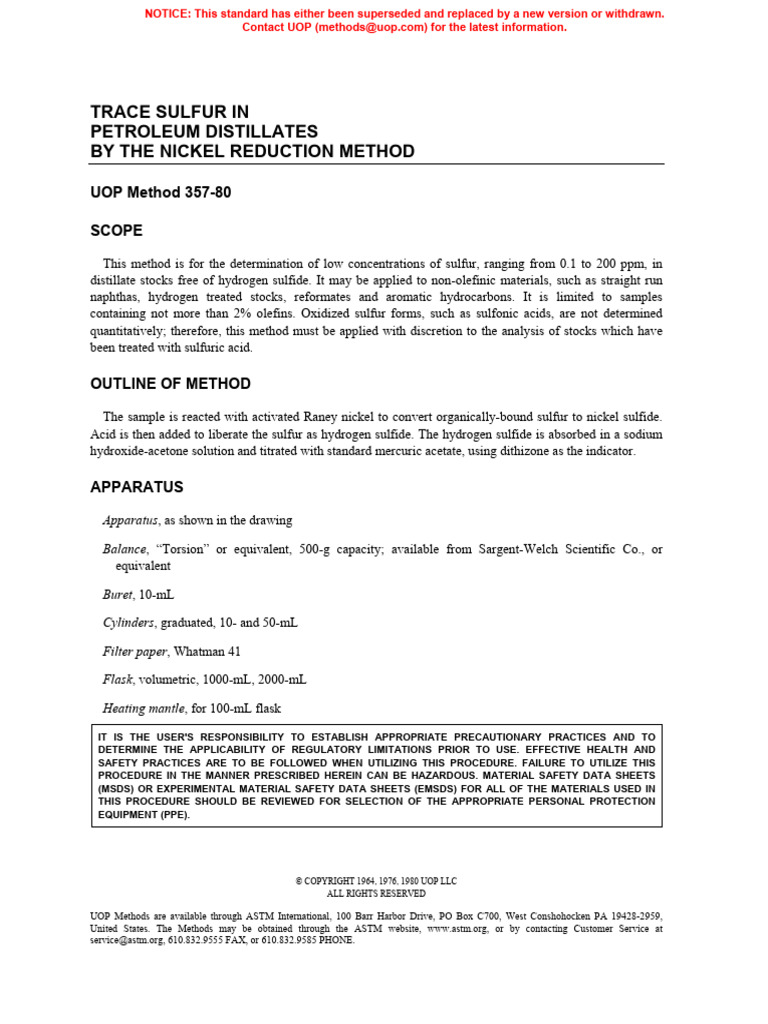 UOP Method 357-80 Trace Sulphur in Petroleum Distillates by The Nickel ...