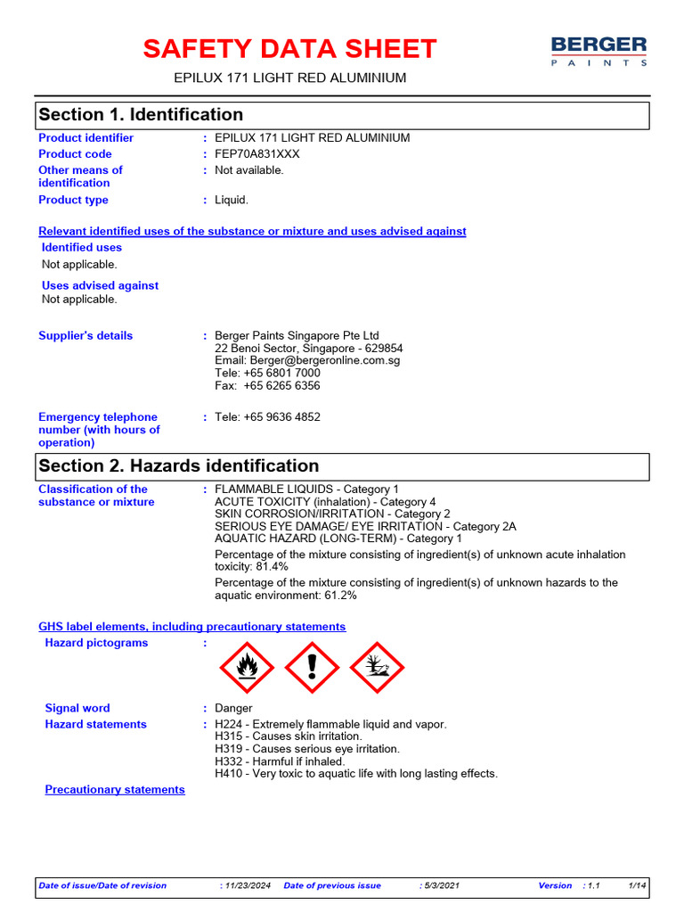EPILUX 171 Light Red Aluminium SDS | PDF | Toxicity | Personal ...