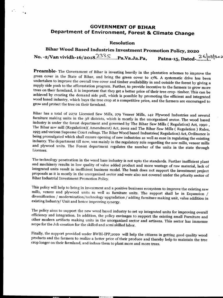 Bihar Wood Based Industries Investment Promotion Policy, 2020 PDF | PDF