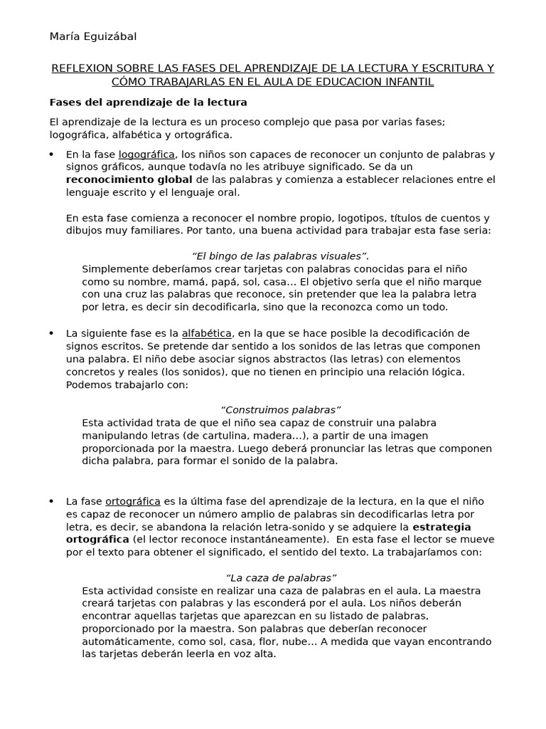 REFLEXION SOBRE LAS FASES DEL APRENDIZAJE DE LA LECTURA Y ESCRITURA Y ...
