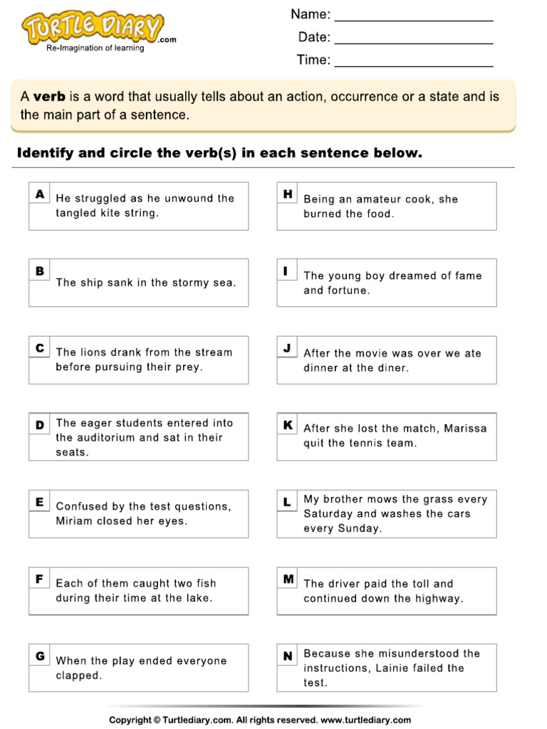 Identify and Circle Verbs in Each Sentence | PDF