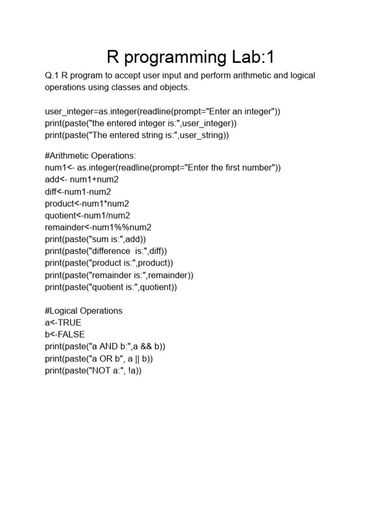 R Programming Lab 1 1 | PDF