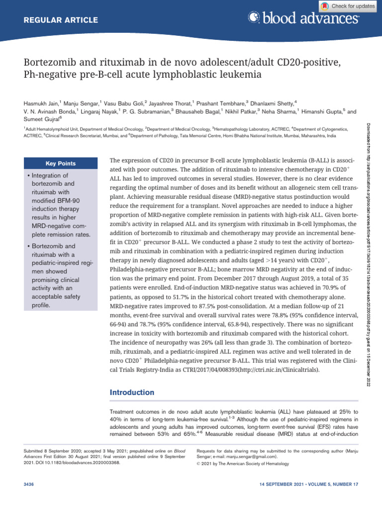 Bortezomib and Rituximab in de Novo Adolescent or Adult CD20-Positive, Ph-Negative Pre-B-cell ...