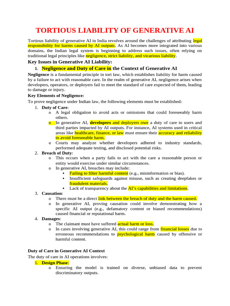 Tortious Liability of Generative Ai (1) | PDF | Legal Liability | Intelligence (AI) & Semantics