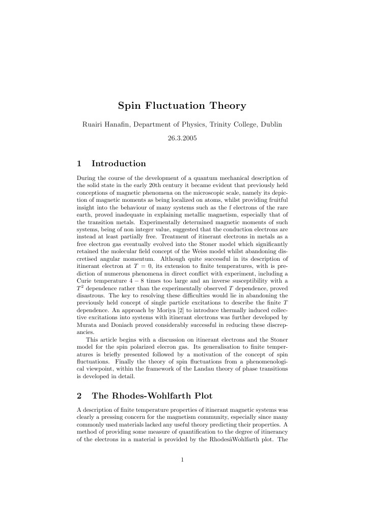 Spin Fluctuation Theory: Ruairi Hanafin, Department of Physics, Trinity ...