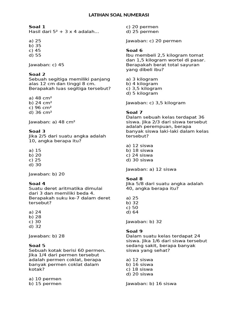 Latihan Soal Numerasi Kelas 6 | PDF