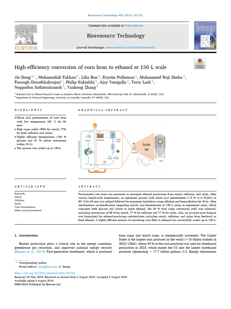 High Efficiency Conversion of Corn Bran to Ethanol at 2024 Bioresource Techn | PDF | Dietary ...