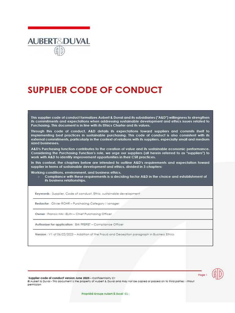 Suppliers Code of conduct_V1_230622 | PDF | Supply Chain | Business