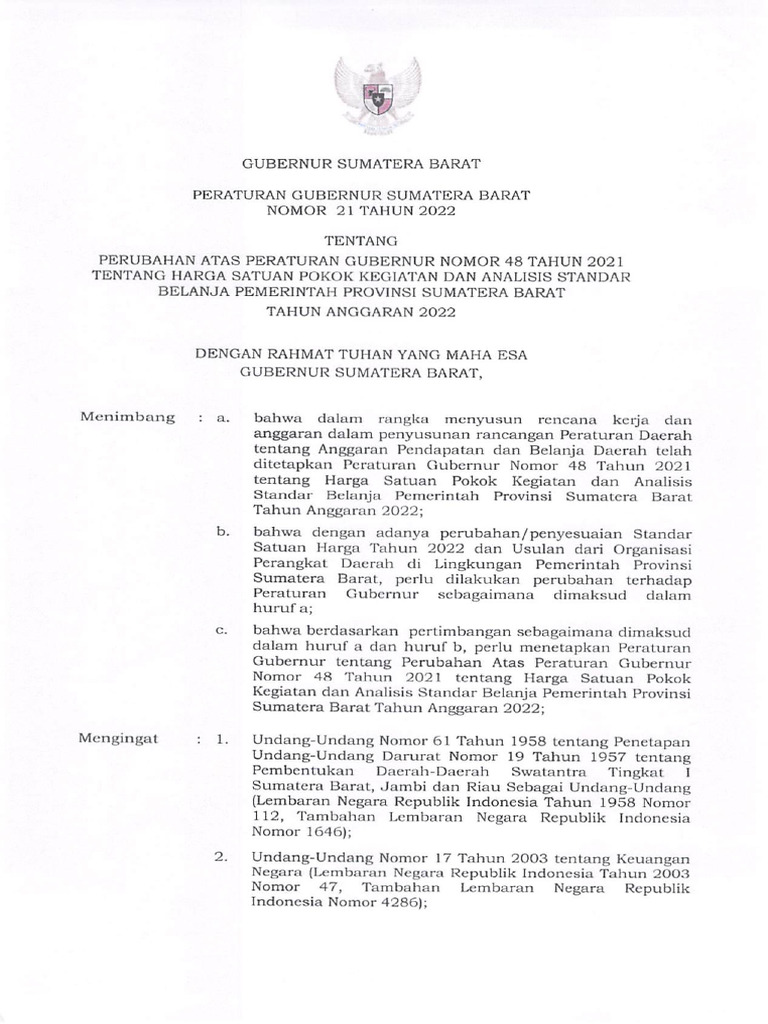 Pergub 21 Tahun 2022 Ttg Perubahan Pergub 48 Tahun 2021 Ttg Hspk Dan Asb Prov Sumatera Barat Ta ...