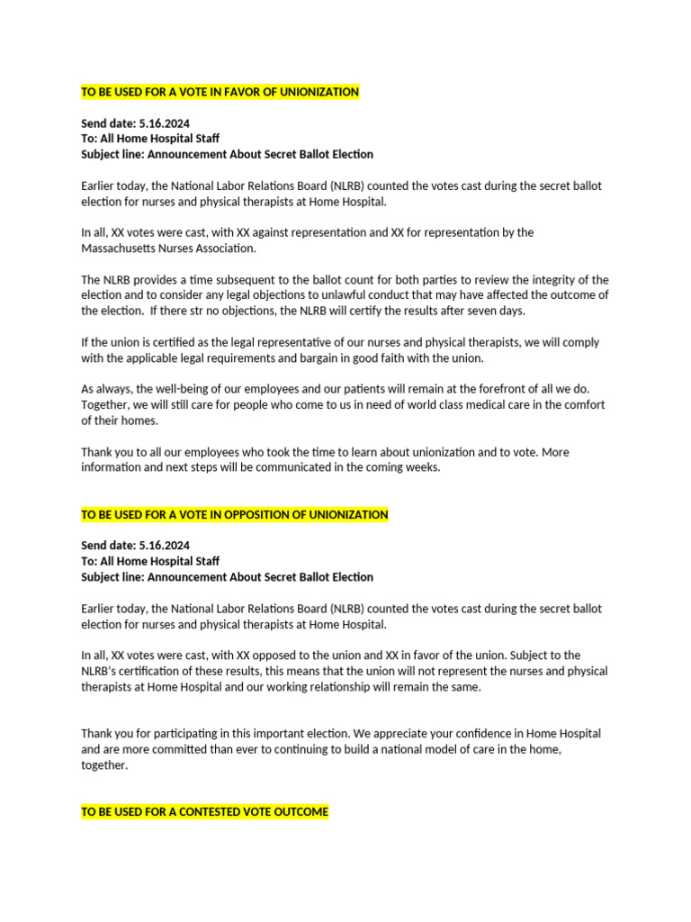 Home Hospital Union Vote Results Update | PDF | National Labor ...